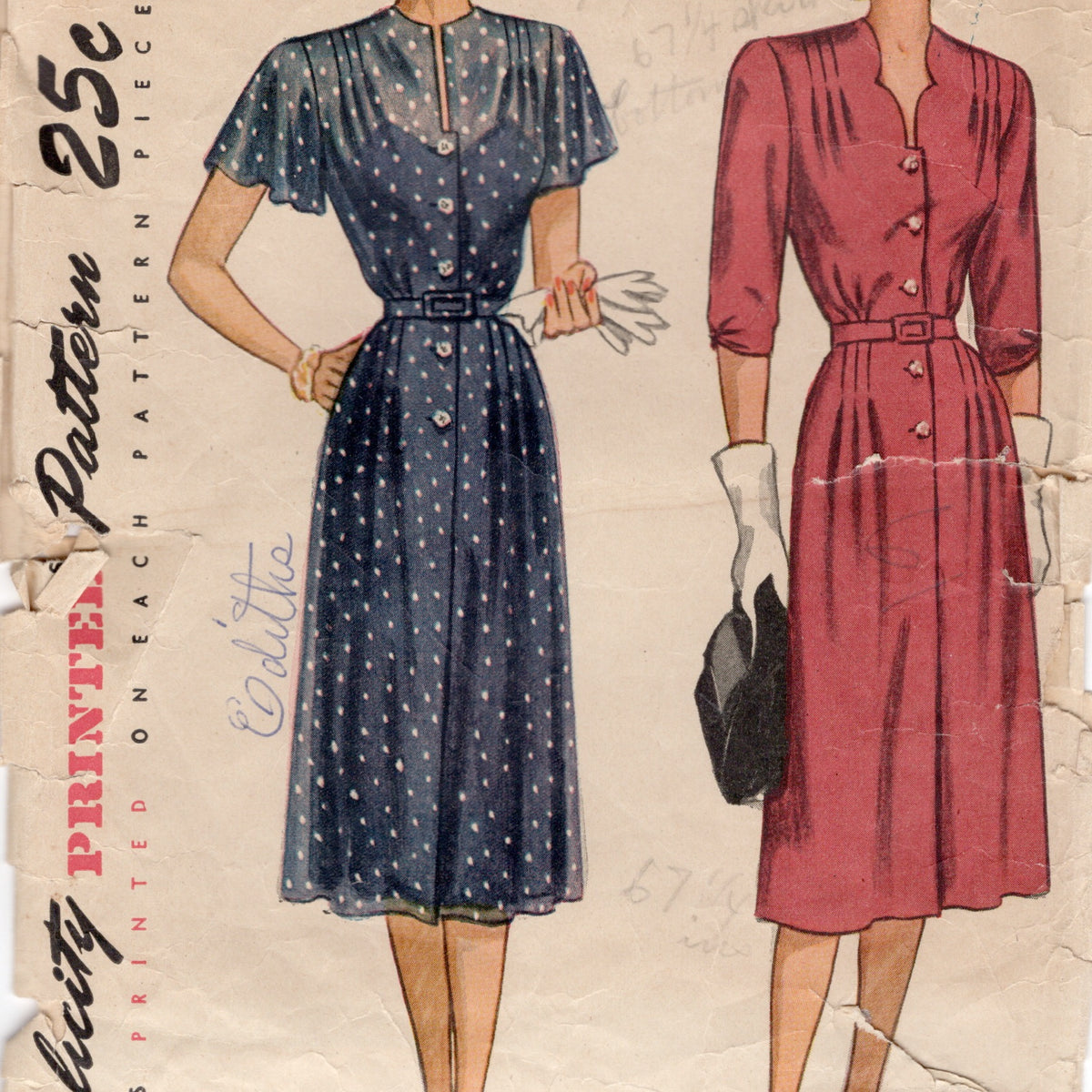 1940's Simplicity Button Front Dress Pattern with Flutter or 3/4 Sleev ...