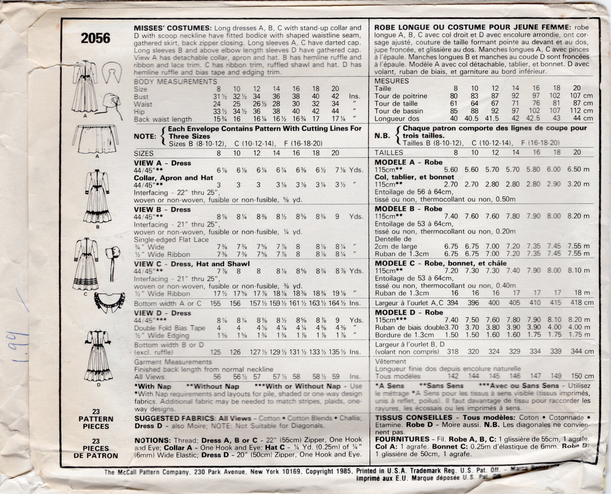 1980's McCall's Prairie and Puritan Dress, Collar and Bonnet Pattern ...