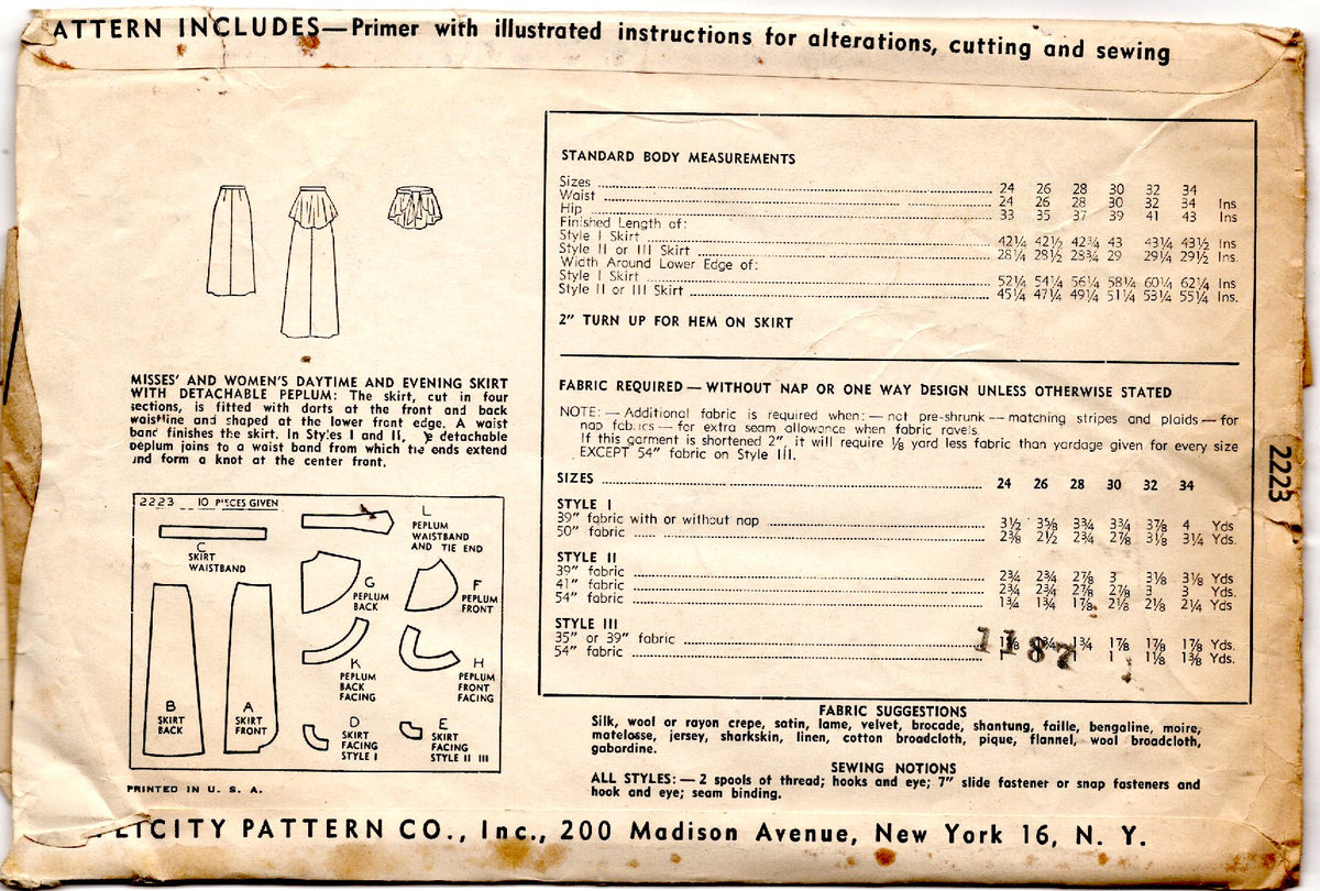 1940's Simplicity Straight Line Skirt Pattern with Tie on Peplum - Wai ...