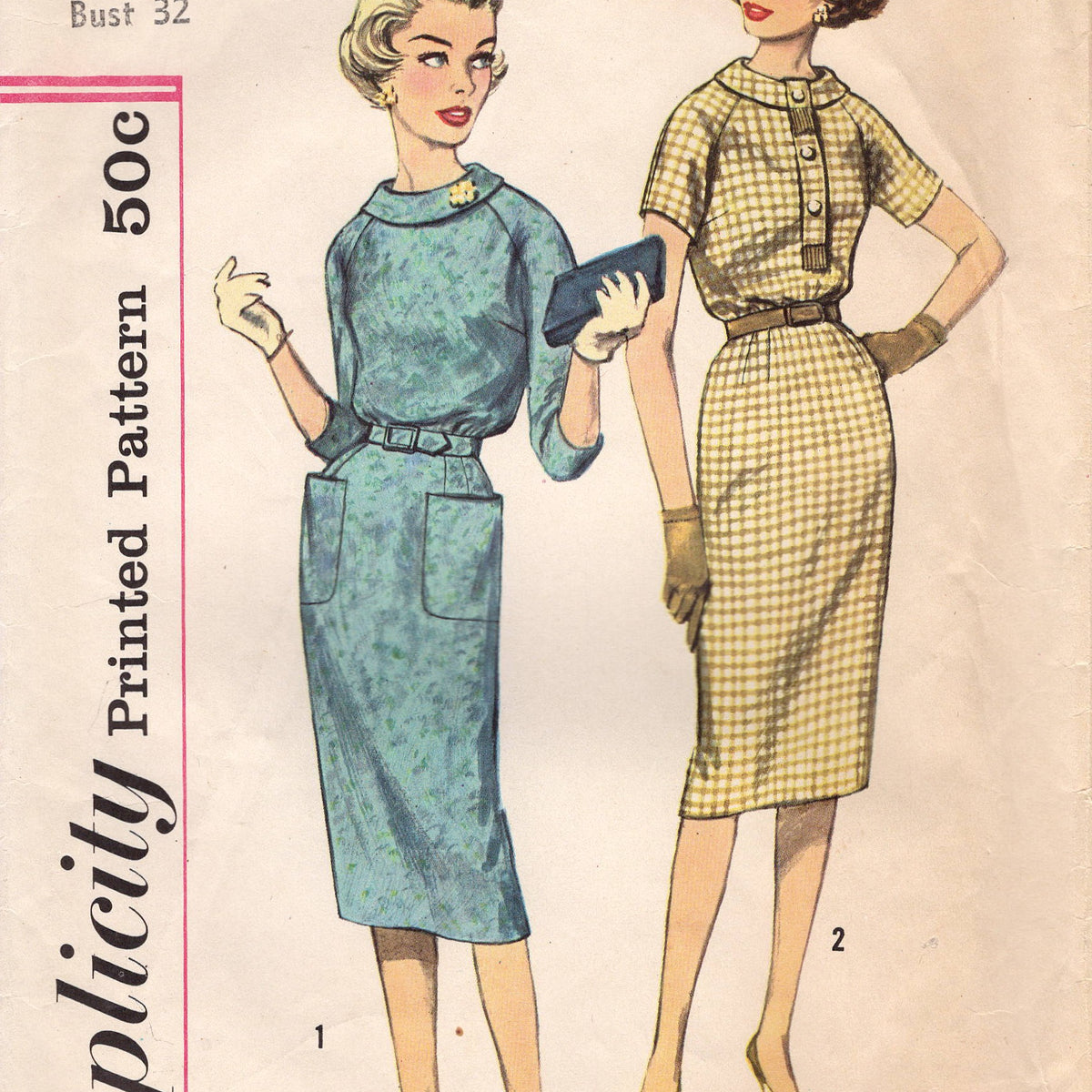1950's Simplicity Sheath Dress Pattern with Rolled Collar and Raglan S ...