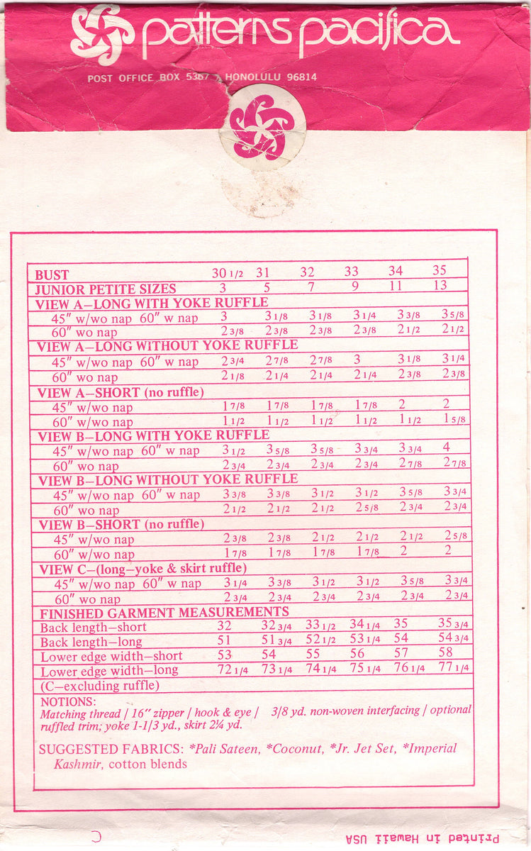 1970's Patterns Pacifica Yoked Maxi or Midi Dress Pattern with Ruffle ...