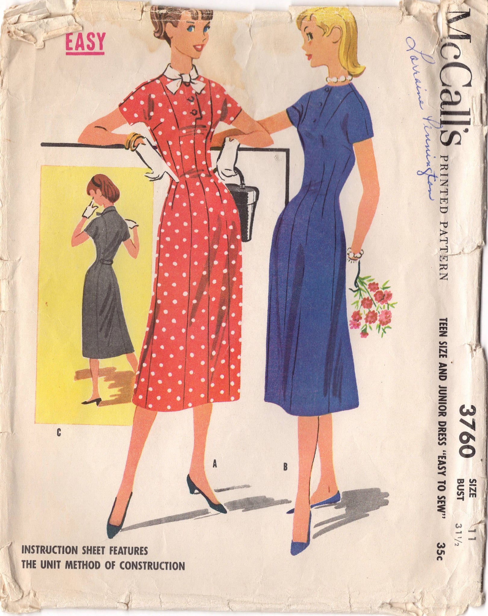 1950's McCall's Sheath Dress Pattern with Tie Collar - Bust 31.5" - No ...