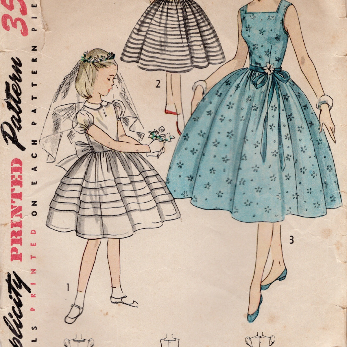 1950's Simplicity Fit and Flare Dress Pattern with Puff Sleeve and Squ ...