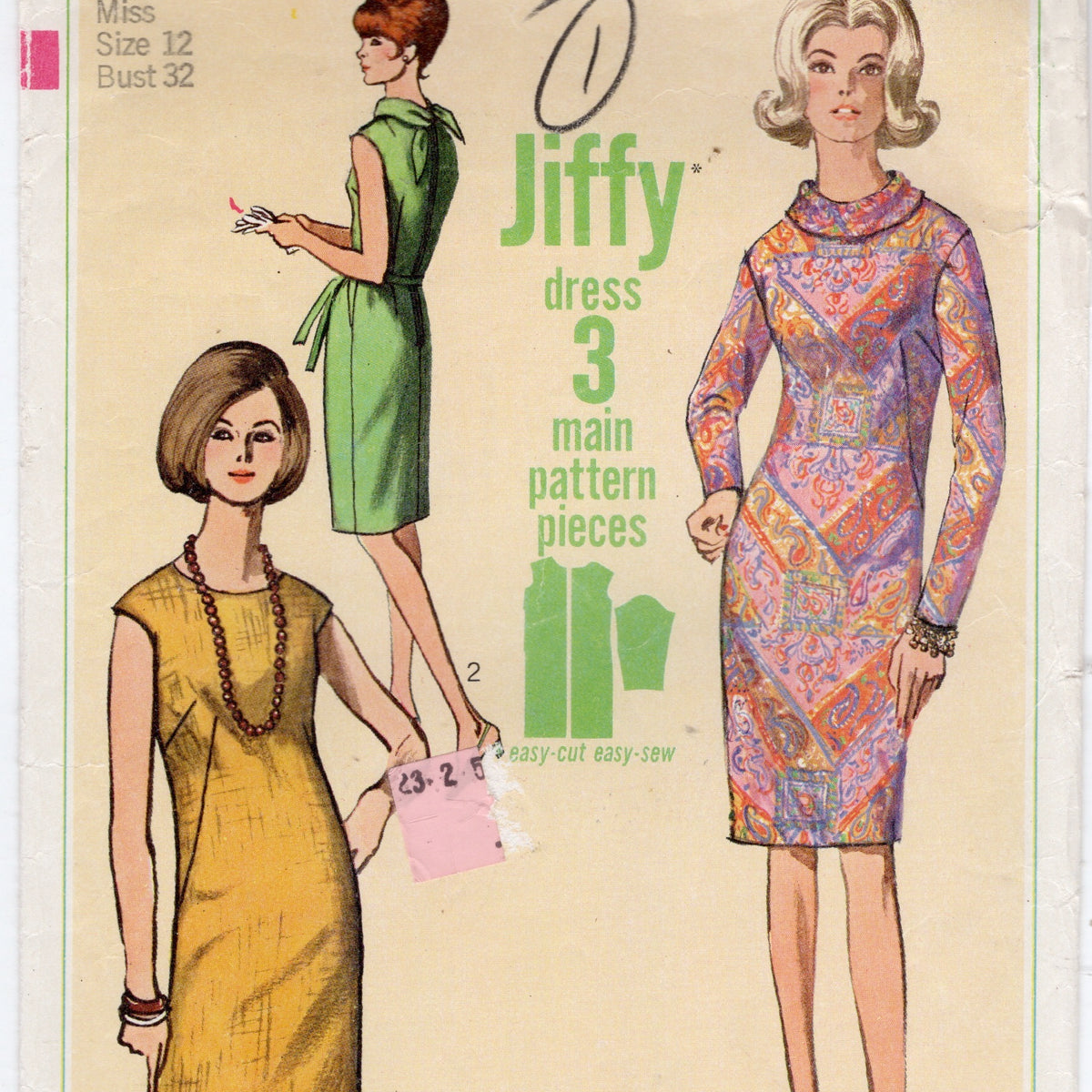 1960's Simplicity Jiffy Sheath Dress with Tie Collar - Bust 32" - No ...