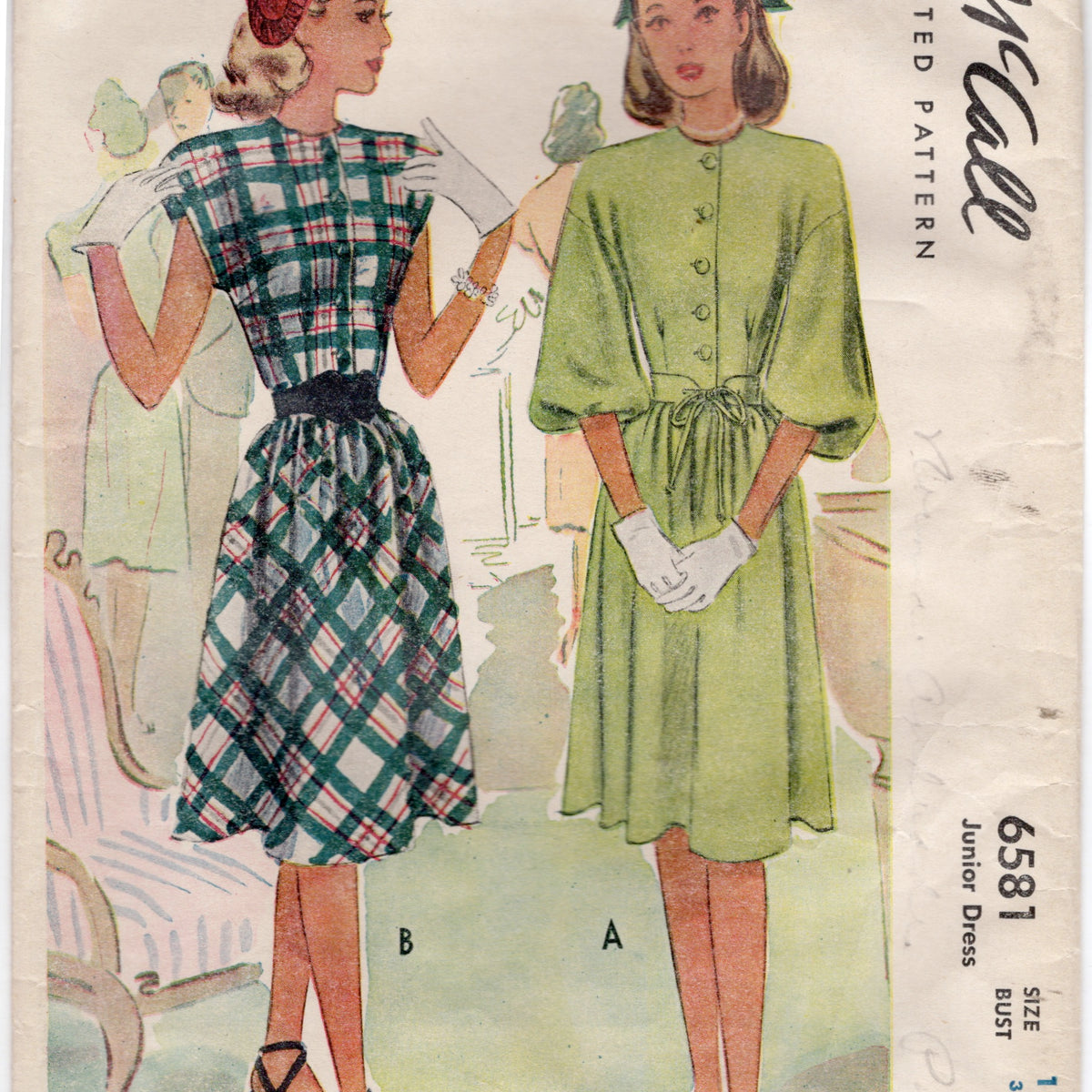1940's McCall Shirtwaist Dress Pattern with Large Balloon Elbow Length ...