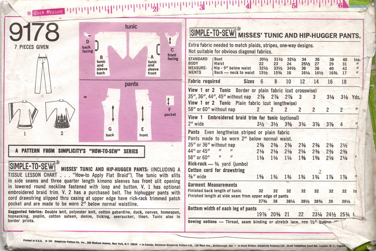 1970's Simplicity Tunic with large Bell Sleeves and Hip Hugger Pants P ...