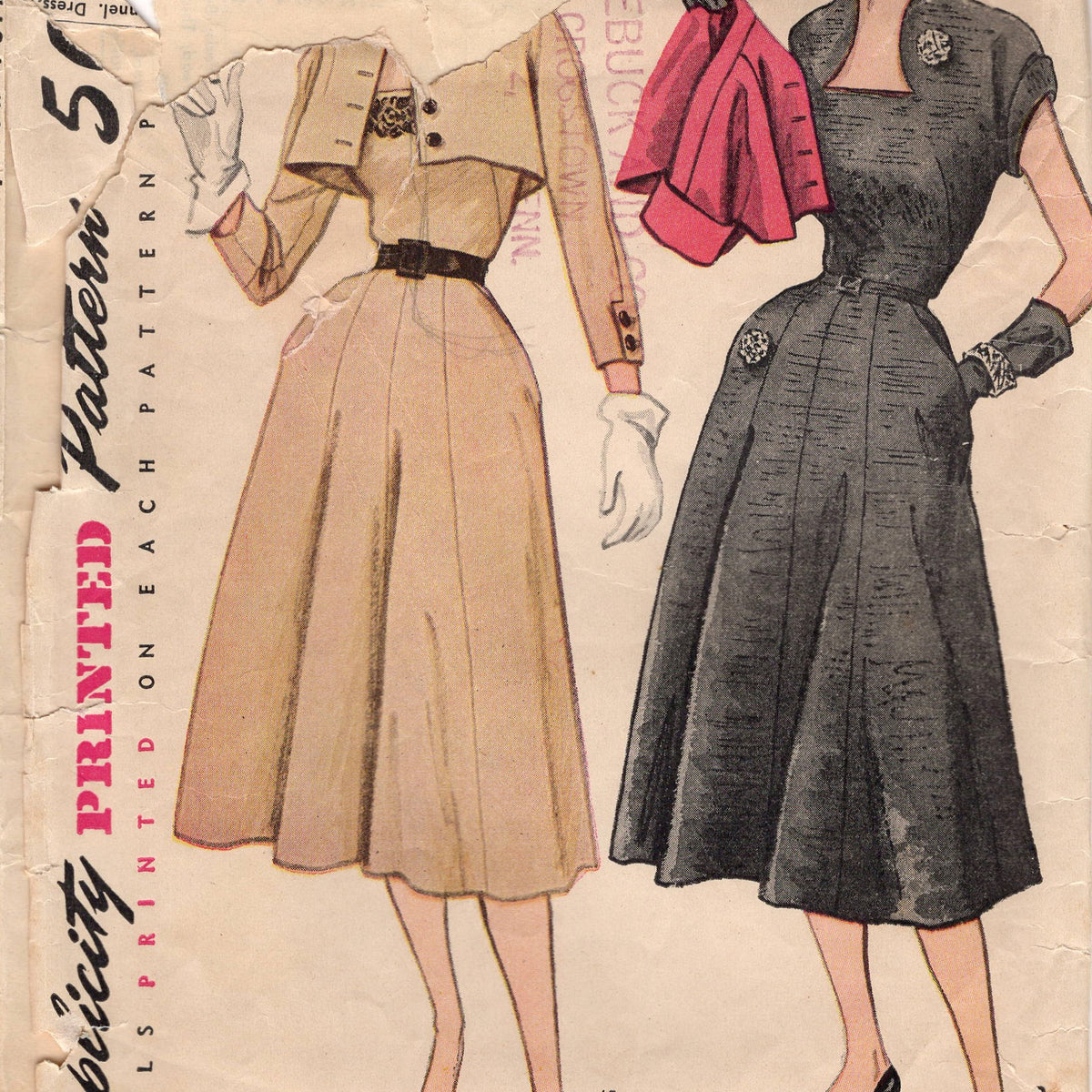 1950's Simplicity Fit and Flare Dress Pattern with Distinct Curved Nec ...