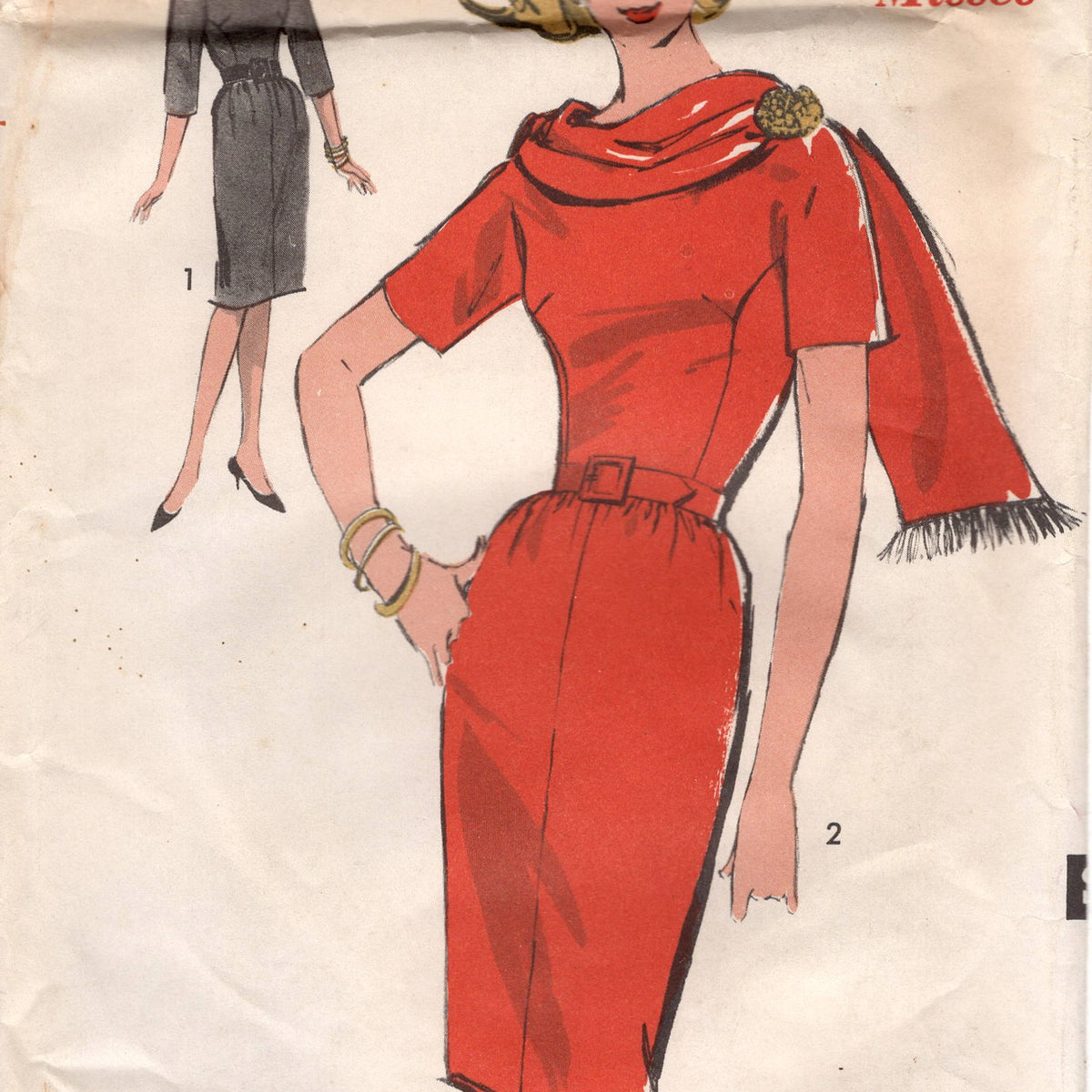 1960's Advance One Piece Sheath Dress with Princess Lines and Scarf pa ...