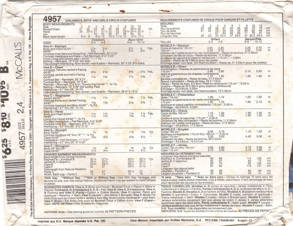 1990's McCall's Child's Circus Costumes, Elephant, Horse, Ring Master ...