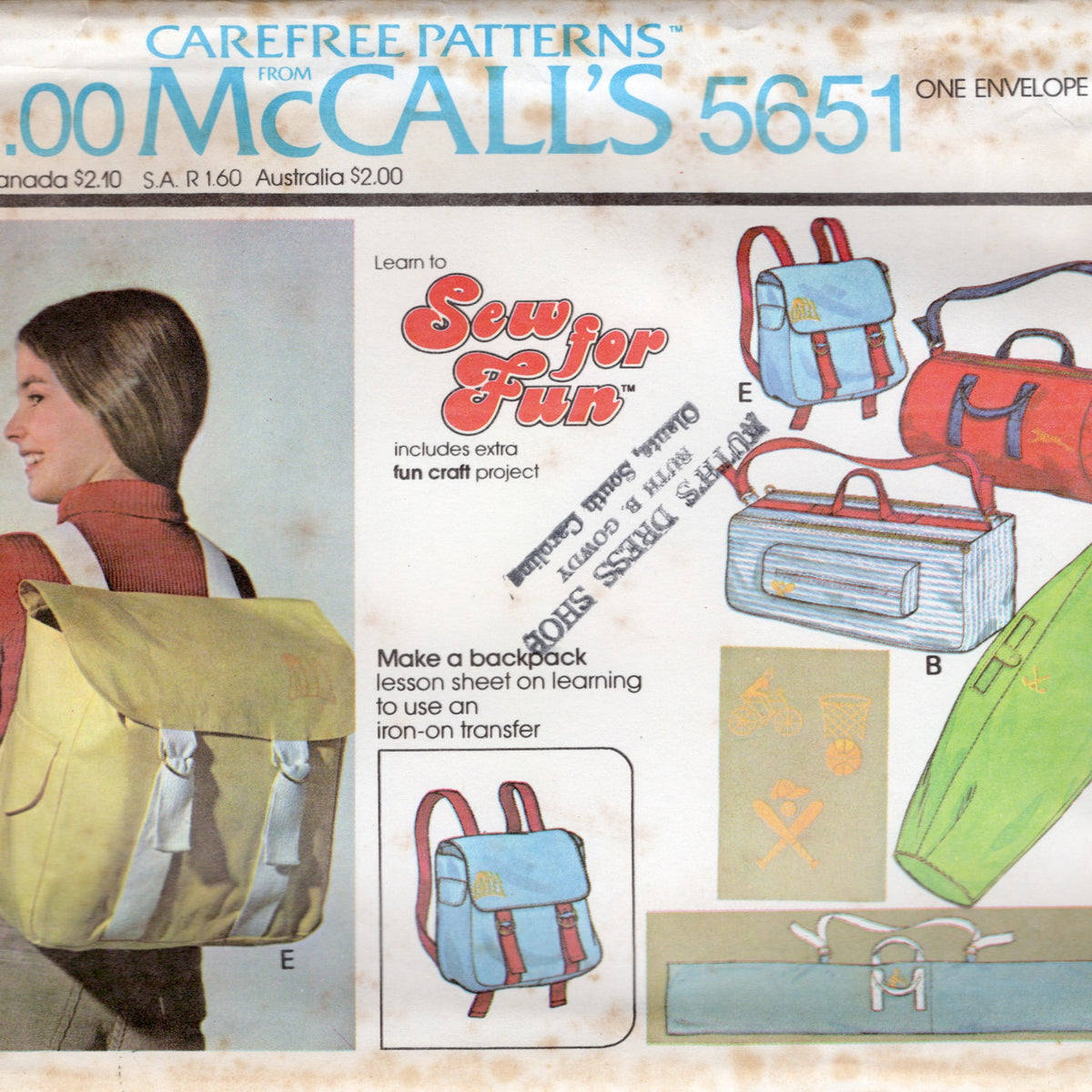 1970's McCall's Backpack, Ski Bag, Duffle Bag and Tote bag - OS - No ...